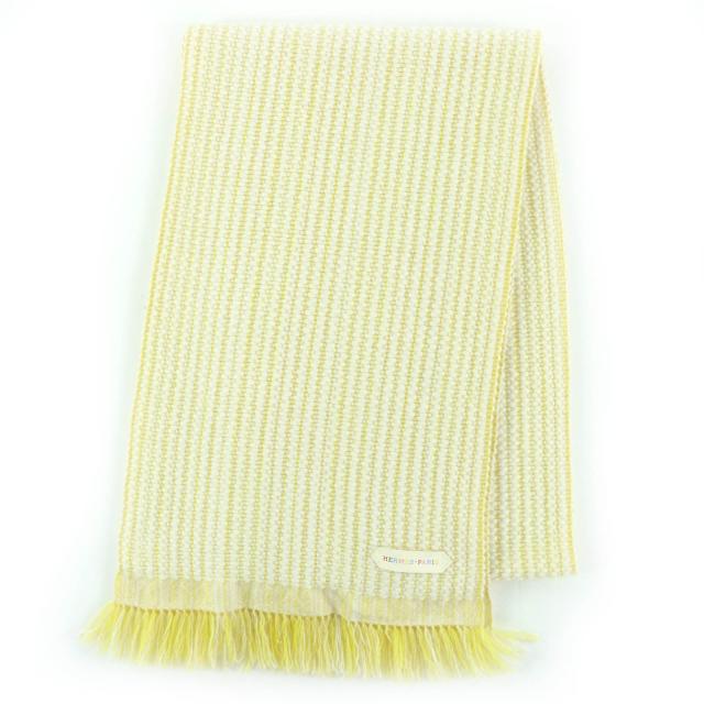 美品☆HERMES エルメス カシミヤ100％ ウェイビーダブルフェイス フリンジ付 ニット 大判 マフラー イエロー レディース