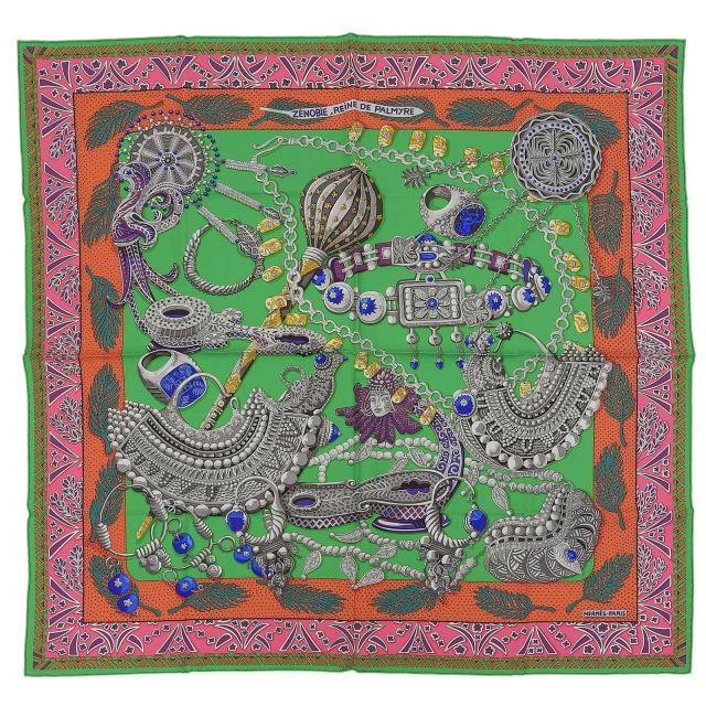 未使用品▲HERMES エルメス カレ90 ZENOBIE REINE DE パルミラの女王ゼノビア シルク100％ VERT/ORANGE/ROSE スカーフ 箱付き フランス製