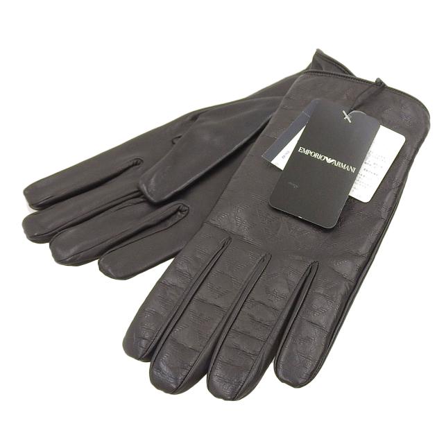 未使用品▲EMPORIO ARMANI エンポリオ アルマーニ イーグルロゴ柄 ラムレザー グローブ 手袋 ブラック L イタリア製 正規品 メンズ