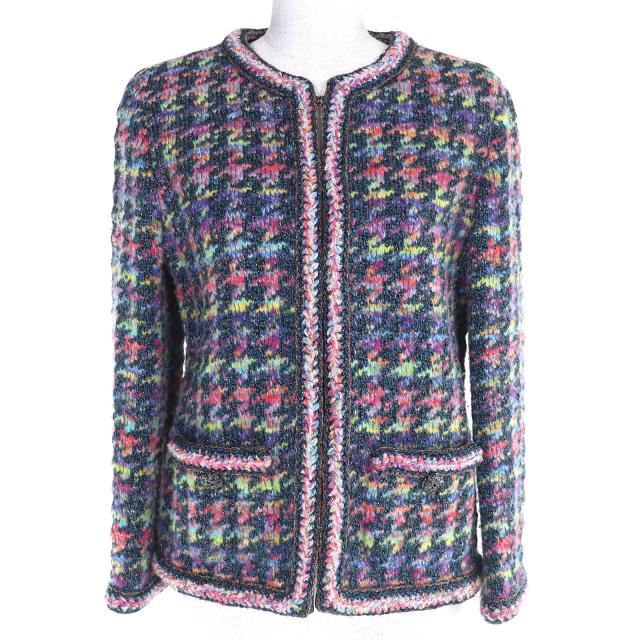 極美品△CHANEL シャネル P64526 シルク ウール ココマークボタン ラメ糸 ツイード ノーカラージャケット マルチカラー 36 仏製 正規品