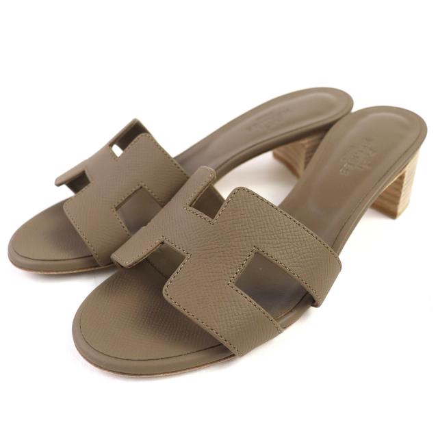 美品△HERMES エルメス 151215Z オアジス サンダル エトゥープ Hロゴ レザー ミュール 35 保存袋付き イタリア製 レディース オススメ