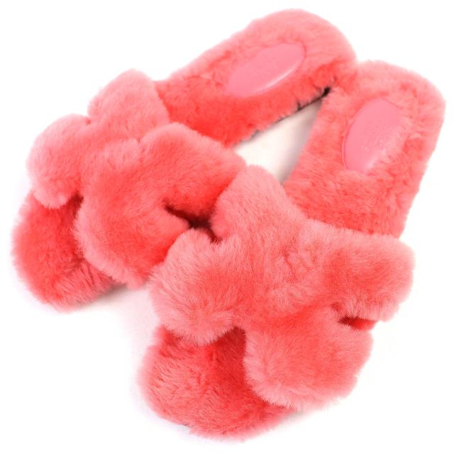 美品△HERMES エルメス 231288Z オラン シープスキン Hロゴ ファー サンダル ミュール ピンク 37 保存袋付き イタリア製 レディース