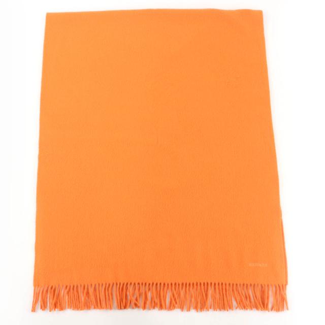 良品☆HERMES エルメス カシミヤ100％ ロゴ刺繍 フリンジ付 大判 ショール ストール マフラー オレンジ レディース