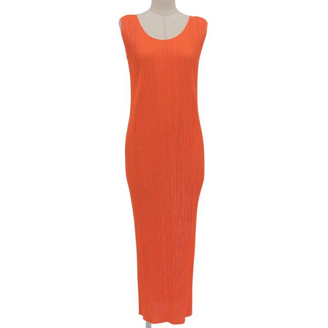 極美品▲PLEATS PLEASE プリーツプリーズ イッセイミヤケ PP11-JH201 マキシ丈 ノースリーブワンピース ネオンオレンジ 2 日本製 正規品