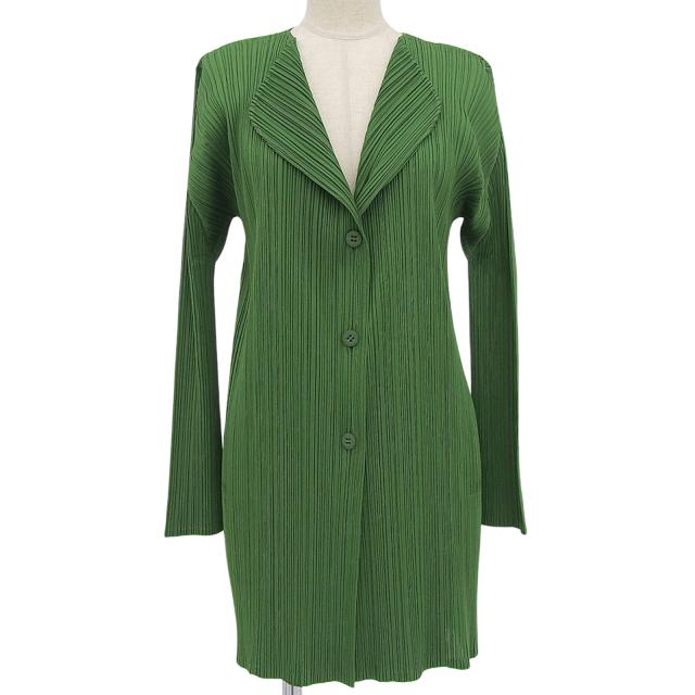極美品▲PLEATS PLEASE プリーツプリーズ イッセイミヤケ PP13-JA101 プリーツ 長袖 ロング カーディガン 緑 3 日本製 正規品 レディース