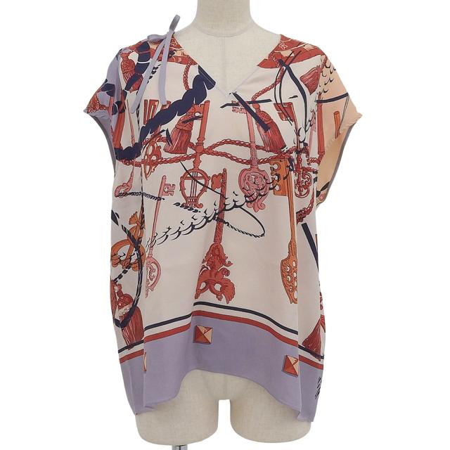 美品▲HERMES エルメス LES CLES シルク100％ ワンショルダーリボン Vネック フレンチスリーブ ブラウス マルチ 40 正規品 レディース