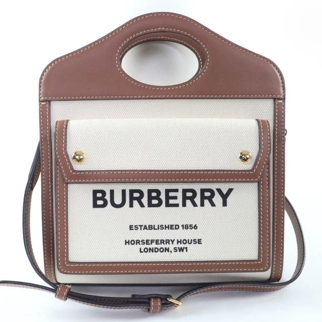 未使用品☆BURBERRY バーバリー ミニ ポケットバッグ 2WAY コットンキャンバス レザー ハンドバッグ ショルダーバッグ ブラウン系