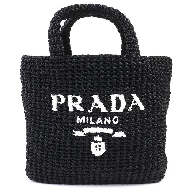 極美品△PRADA プラダ 1BG422 スモール クロシェ トートバッグ ラフィア トライアングルロゴ かごバッグ ハンドバッグ ブラック 箱付き
