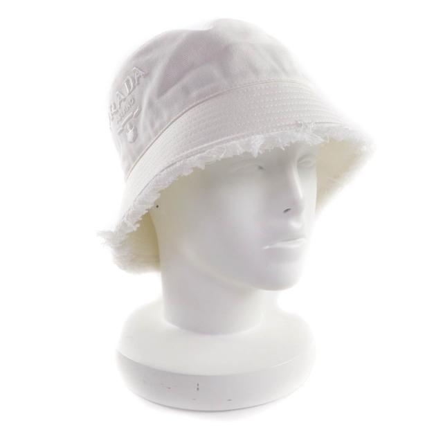 極美品★PRADA プラダ 2023年製 1HC137 コットン100％ ロゴ刺繍入り カットオフ バケットハット ホワイト M 58cm イタリア製 正規品