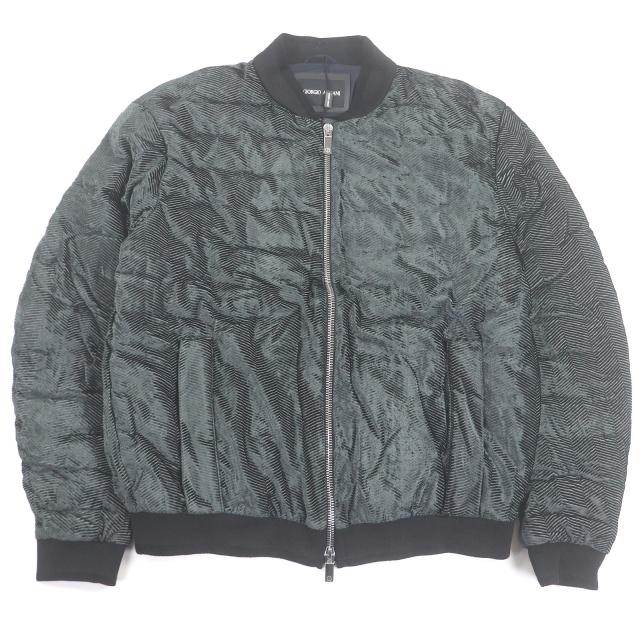 未使用品□GIORGIO ARMANI ジョルジオアルマーニ 黒タグ シルク混 ベルベット ダウンジャケット ブルゾン ブラック グリーン 54 正規品