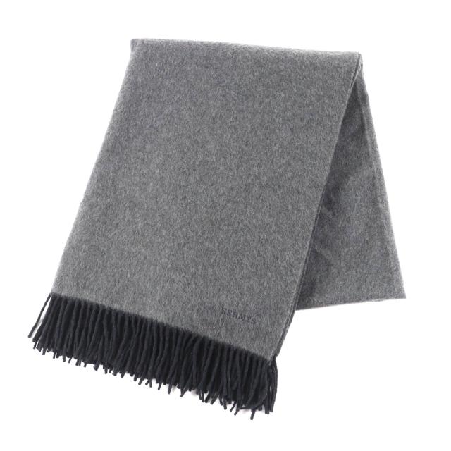 極美品★HERMES エルメス カシミヤ100％ ロゴ刺繍入り フリンジ付 大判 ブランケット ショール グレー イタリア製 正規品 レディース