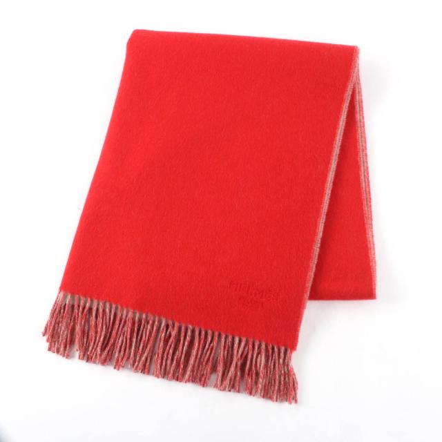 極美品★HERMES エルメス 24AW H259130S カシミヤ100％ ロゴ刺繍入り ダブルフェイス フリンジ付 マフラー ストール 赤 ベージュ 箱付