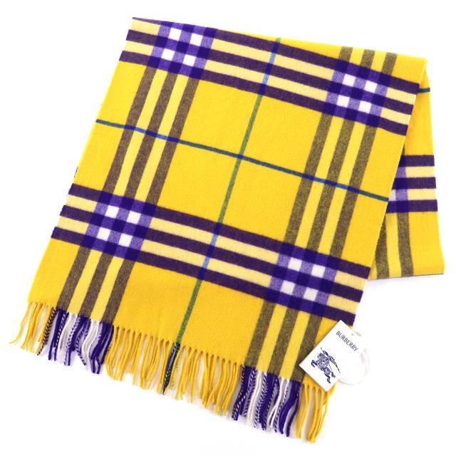 未使用品△BURBERRY バーバリー 8076918 カシミヤ100％ チェック柄 フリンジ 大判 ロング マフラー イエロー パープル 200×52cm 正規品