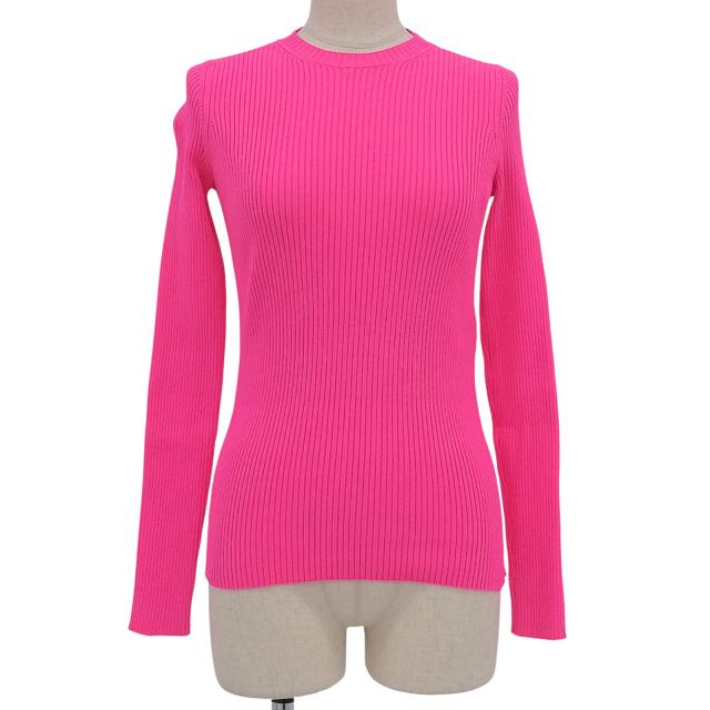 極美品▲BALENCIAGA バレンシアガ 542625 ラウンドネック ロングスリーブ 長袖 ニット ニット ネオンピンク XS 伊製 正規品 レディース