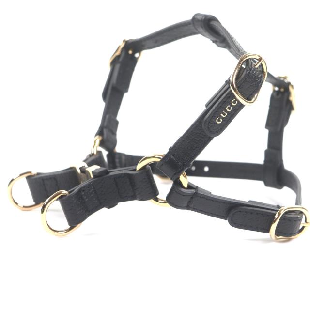 極美品▼GUCCI グッチ 692963 レザー インターロッキングG 犬用 胴輪 ハーネス ブラック ゴールド金具 XS 箱・保存袋付き 伊製 メンズ