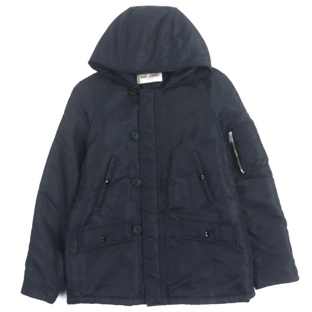 美品▼SAINT LAURENT PARIS サンローランパリ 440808 フーデッド ロゴ入りボタン WZIPUP 中綿入 ボンバージャケット ネイビー 44 正規品