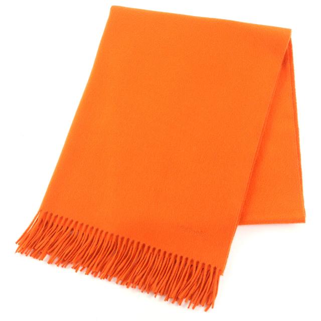 美品△HERMES エルメス カシミヤ100％ ロゴ刺繍 フリンジ 大判 マフラー ショール オレンジ 箱付き スコットランド製 レディース