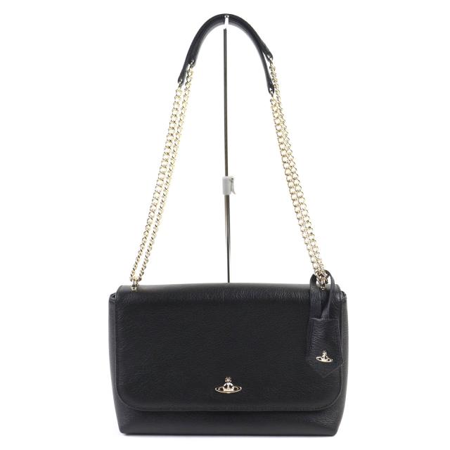 極美品△Vivienne Westwood ヴィヴィアンウエストウッド レザー オーブ フラップ チェーン ショルダーバッグ ブラック 保存袋付き 伊製