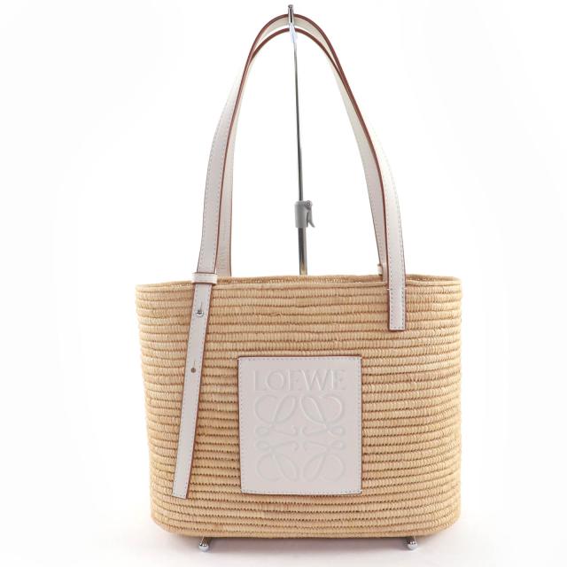 極美品☆LOEWE ロエベ A223099X08 スクエア バスケットバッグ スモール ラフィア レザー ハンドバッグ ナチュラル/ホワイト 保存袋付