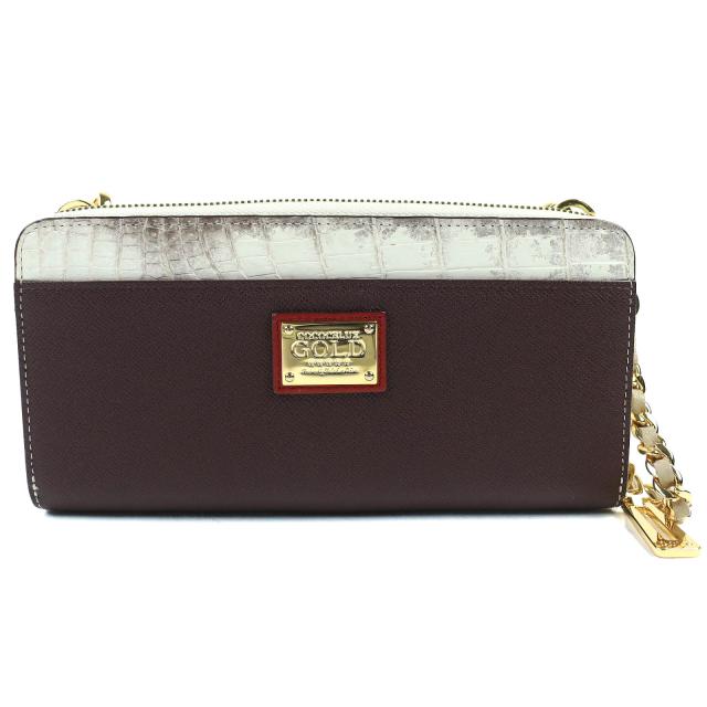 極美品△COCOCELUX GOLD ココセリュクス ゴールド ロゴ金具 パイソン使い クロコダイルレザー チェーンショルダー ウォレット 長財布