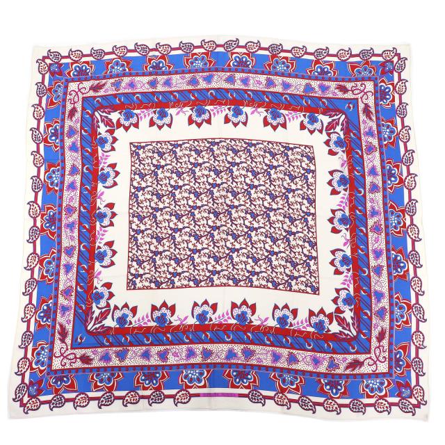 美品△HERMES エルメス シルク100％ ペイズリーモチーフ 総柄 ストール ショール スカーフ アイボリー レッド ブルー 箱付き フランス製