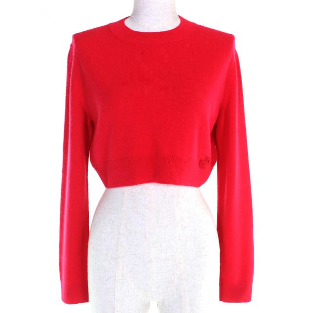 極美品△PATOU  パトゥ 23AW KN0998041426P ウール カシミヤ ロゴワッペン クロップド 長袖 ニット セーター レッド S イタリア製 正規品