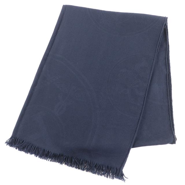 美品△HERMES エルメス ニューリブリス カシミヤ シルク ミニフリンジ 大判 ストール マフラー ショール ネイビー フランス製 レディース