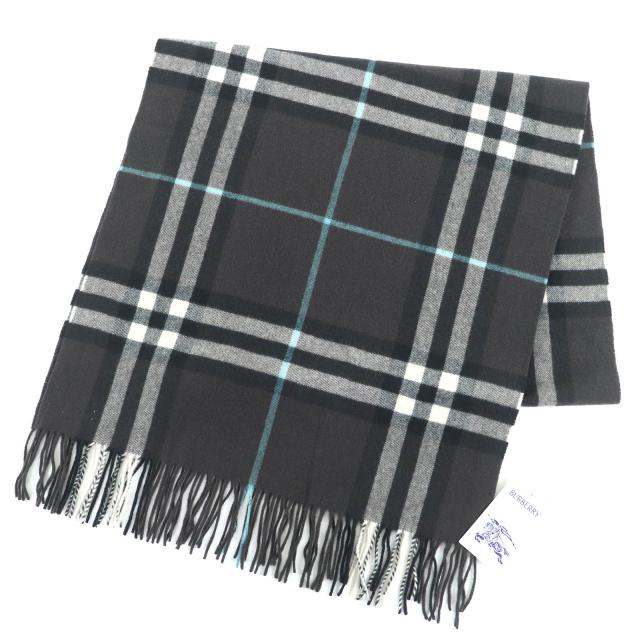 未使用品△BURBERRY バーバリー 8074793 カシミヤ チェック柄 フリンジ 大判 ロングマフラー グレー系 200×52cm 正規品 スコットランド製