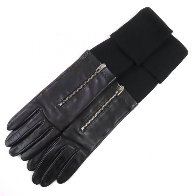 極美品◇HERMES エルメス カシミヤ100％ ラムスキン 切替 Hロゴファスナー ロンググローブ 手袋 ブラック 6.5 フランス製 レディース