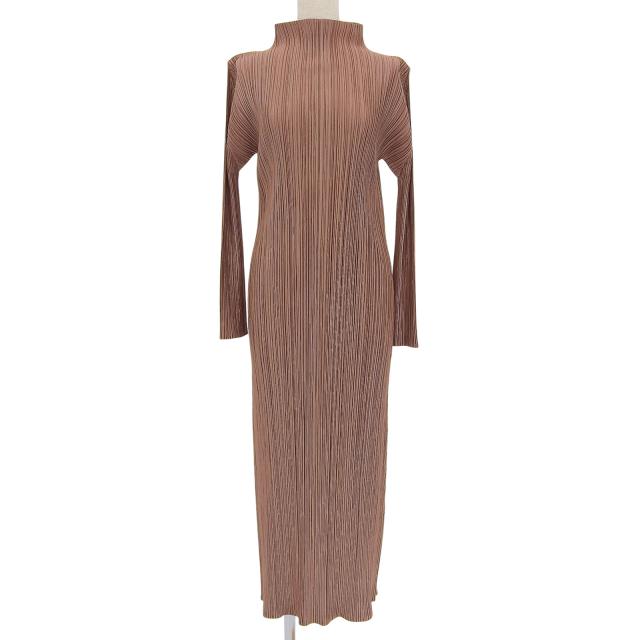 極美品▲PLEATS PLEASE プリーツプリーズ イッセイミヤケ PP53-JH206 ハイネック 長袖 ロング ワンピース 茶 4 日本製 正規品 レディース