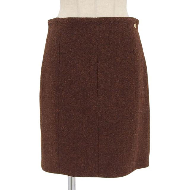 極美品▲CHANEL シャネル P59069 裏地シルク100％ ココボタン付き 台形 ウールスカート ブラウン 38 フランス製 正規品 レディース
