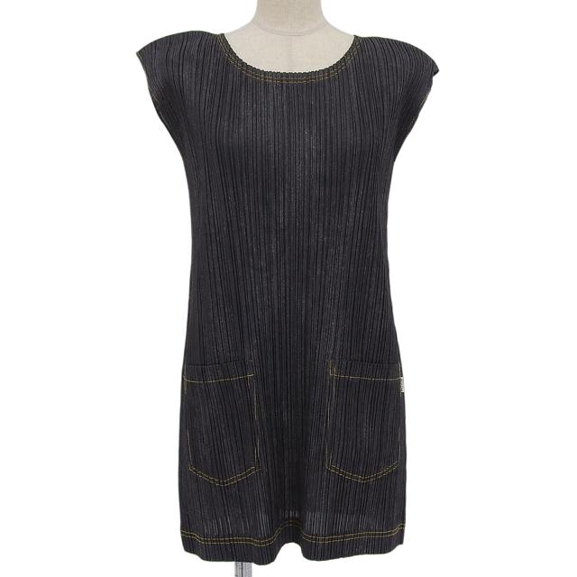 極美品▲PLEATS PLEASE プリーツプリーズ イッセイミヤケ PP81-JK421 デニム転写 フレンチスリーブ チュニック トップス 3 日本製 正規品