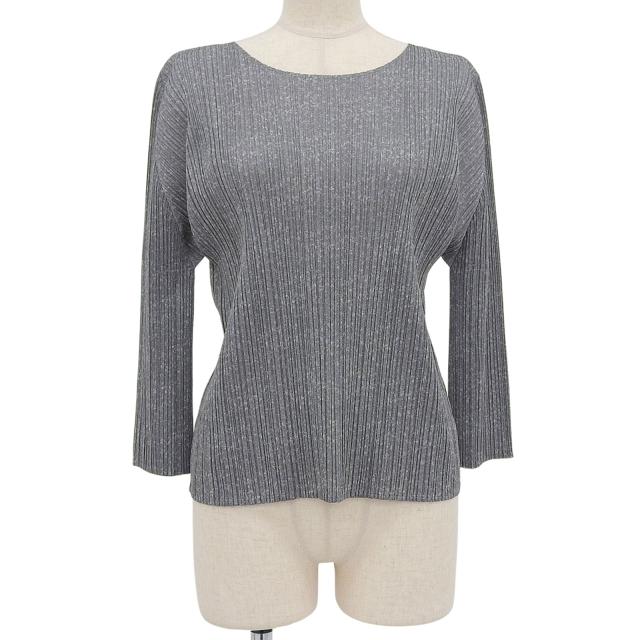 極美品▲PLEATS PLEASE プリーツプリーズ イッセイミヤケ PP01-JK112 七分袖 カットソー トップス グレー 3 日本製 正規品 レディース