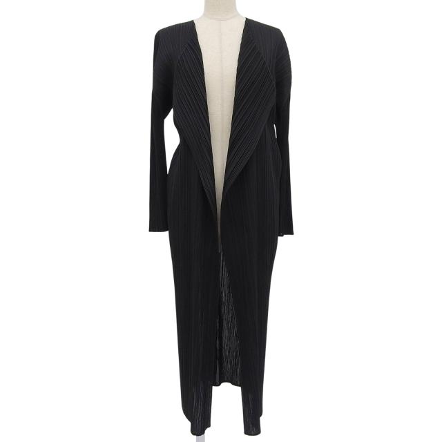 極美品▲PLEATS PLEASE プリーツプリーズ イッセイミヤケ PP55-JA102 フロントオープン ロング カーディガン ブラック 2 日本製 正規品