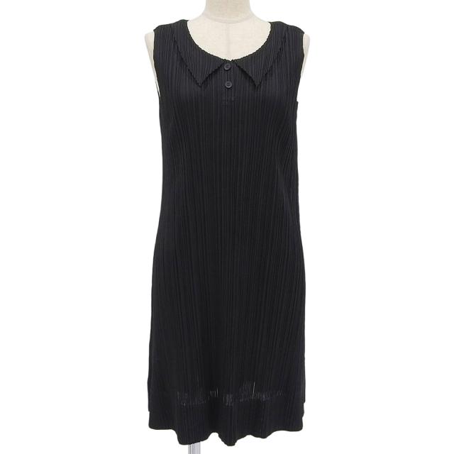 極美品▲PLEATS PLEASE プリーツプリーズ イッセイミヤケ PP93-JK208 ひざ丈 ノースリーブ ワンピース 黒 3 日本製 正規品 レディース