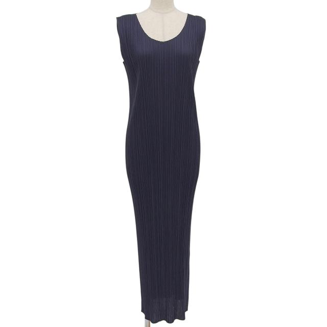 極美品▲PLEATS PLEASE プリーツプリーズ イッセイミヤケ PP12-JH401 マキシ丈 ノースリーブ ワンピース ダークネイビー 3 日本製 正規品