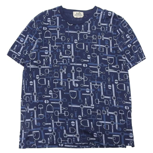 美品▲HERMES エルメス コットン100％ 馬具総柄 クルーネック ショートスリーブ 半袖Ｔシャツ ネイビー ブルー系 M イタリア製 メンズ