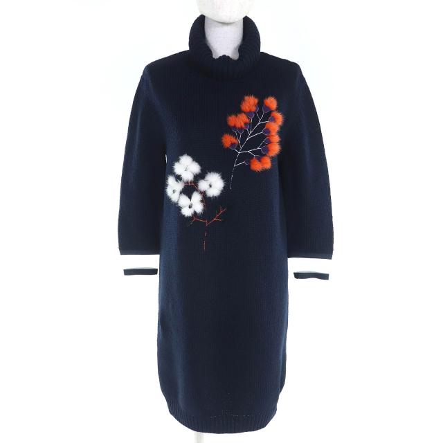 美品△FENDI フェンディ カシミヤ100％ フラワーデザイン ミンクファー付き ハイネック ニットワンピース ネイビー 40 イタリア製 正規品
