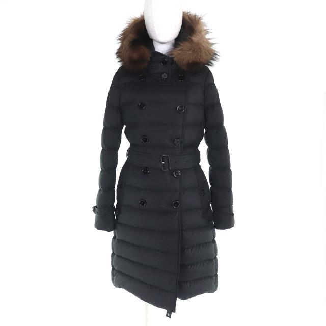 美品△BURBERRY バーバリー 8021881 裏地ノバチェック柄 ファー・フード付き ダブルブレスト ロング ダウンコート ブラック M 正規品