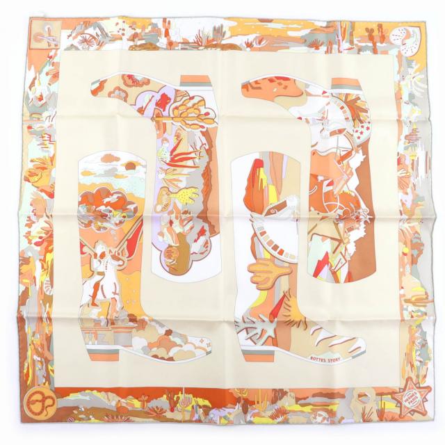 未使用品☆HERMES エルメス カレ90 BOTTES STORY ブーツ・ストーリー シルク100％ クレーム /オランジュ・キュイ/グレー 現行品 スカーフ