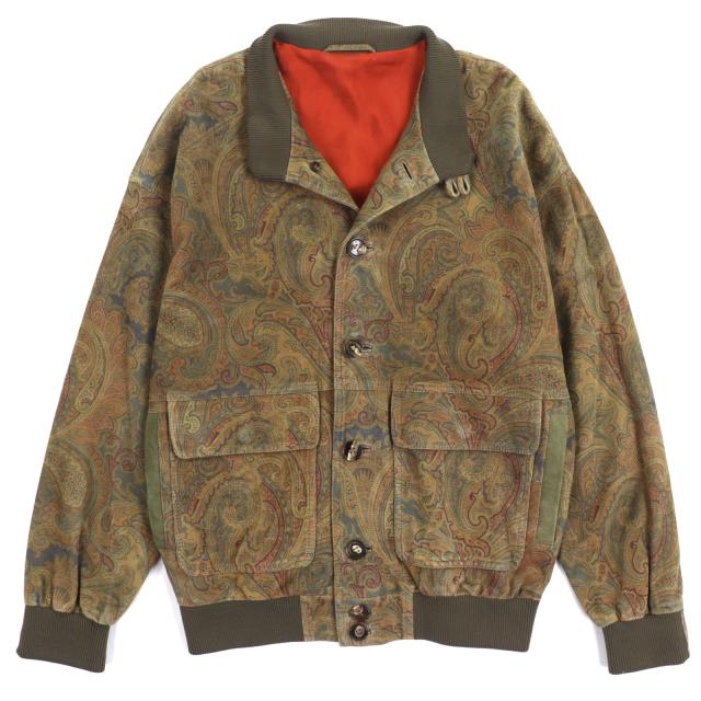 美品▼ETRO エトロ 21SS ゴートスキン ペイズリー柄 ロゴ入りボタン ブルゾン レザージャケット カーキ S イタリア製 正規品 メンズ