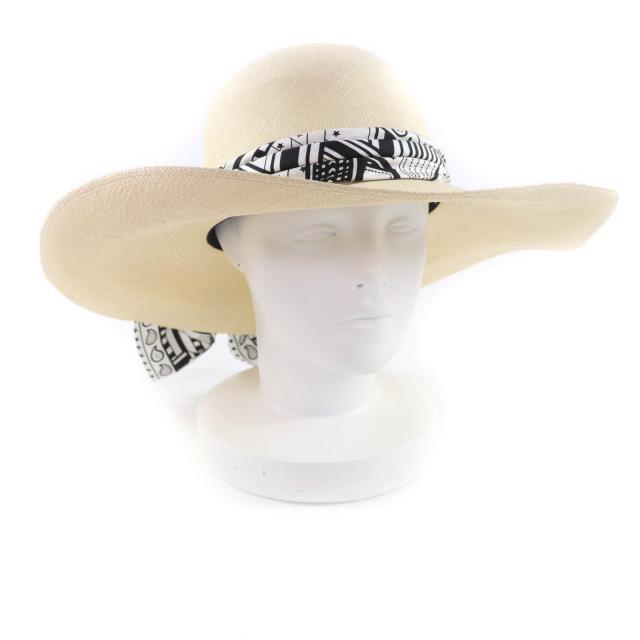 美品★HERMES エルメス イングリッド ジグザグ パイユ ベージュ リボン付 女優帽 パナマハット 帽子 58 正規品 レディース