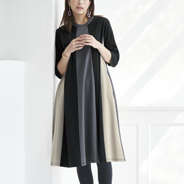 配色切替７分袖ワンピース