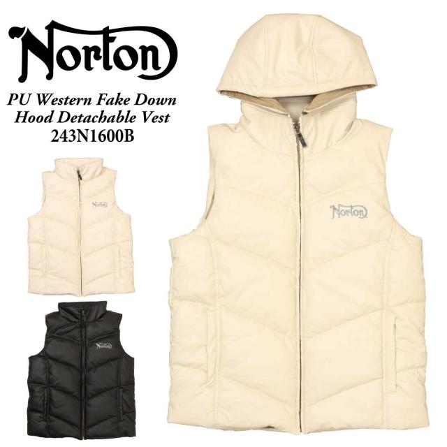 Norton ノートン 服 PU ウエスタン フェイクダウン フード脱着 ベスト 243N1600B ダウンベスト  メンズ アメカジ バイカー 春 秋 冬 暖かい