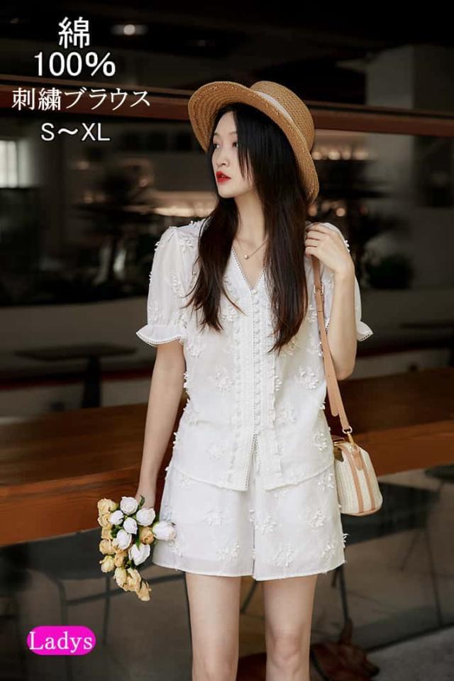 上品な白刺繍レースブラウス レディース 100％綿 半袖Tシャツ 夏 春 フリル袖 オフィスカジュアル 大人かわいい ビーチリゾートや日常使いにも S〜XL対応