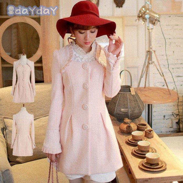 レディース　新作　新品　安い　かわいい　レース　ラシャ　フリル　ふんわり　くるみボタン　レディースコート　個性　アウター