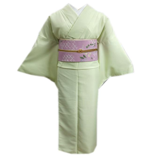 着物 洗える 袷 江戸小紋 と 軽装帯 付け帯 2点セット 薄黄緑色地万筋 Ｍ Ｌ