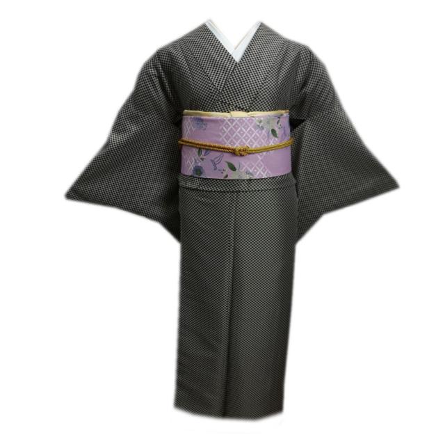 着物 洗える 袷 小紋 と 軽装帯 付け帯 2点セット 黒グレー市松 Ｍ