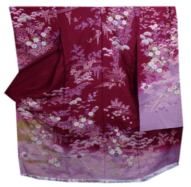 【訳有り 難あり】 振袖 正絹 お買上 未仕立て 仮絵羽 単品 濃ワイン色地ラメ入り桜古典柄 成人式 購入 リメイク 生地 和柄 教材 和裁 練習用