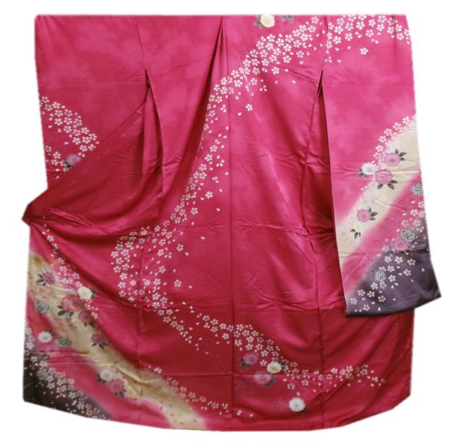 【訳有り 難あり】 振袖 正絹 お買上 未仕立て 仮絵羽 単品 濃ピンク地八重桜小さくら 成人式 購入 リメイク 生地 和柄 教材 桜柄 和裁 練習用